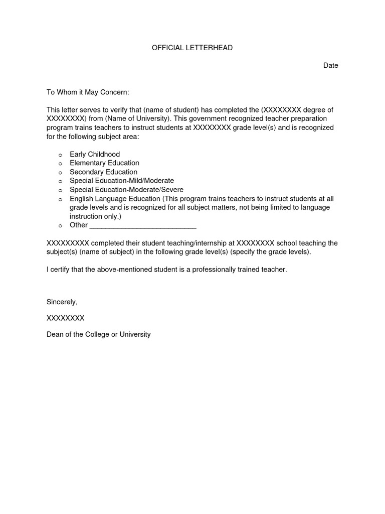 University Letter (Teaching Practice) Template | PDF