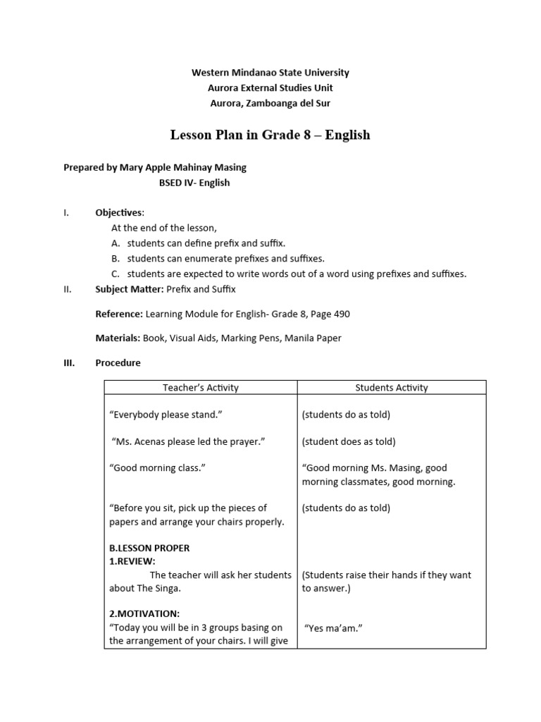 Lesson Plan in English 8 (Suffix and Prefix) | PDF | Cognition | Human ...