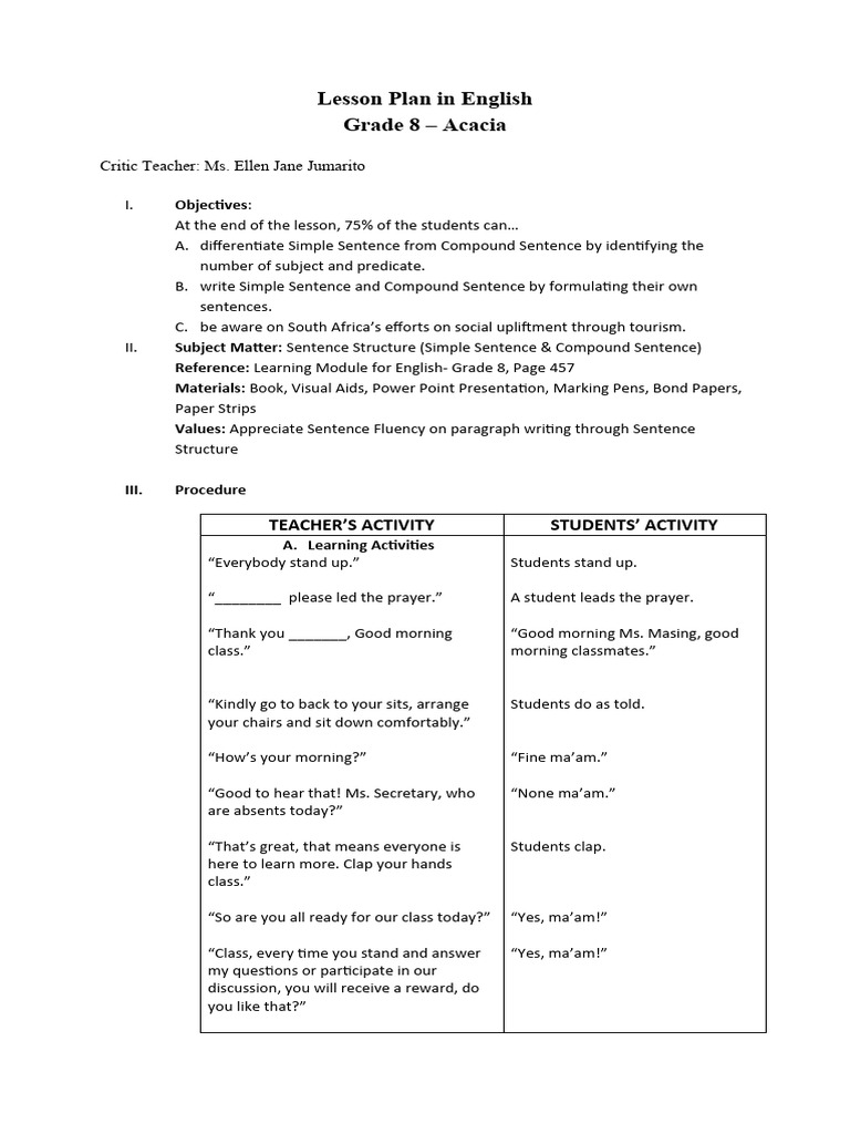 Grade 8 English Lesson Plan | PDF | Subject (Grammar) | Sentence ...