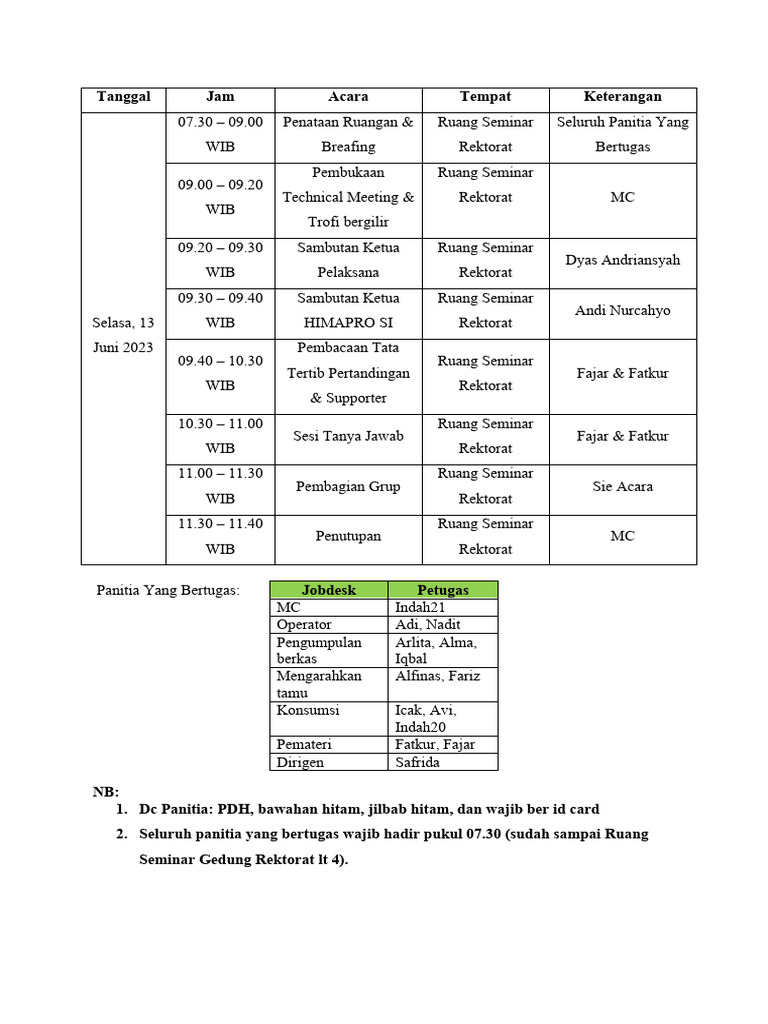 Jadwal Acara Technical Meeting 2023 | PDF