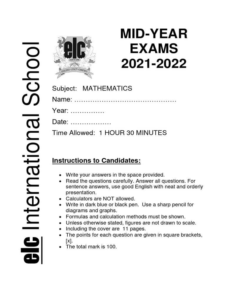 Year8 Midyearexam Feb2022 | PDF | Mathematics