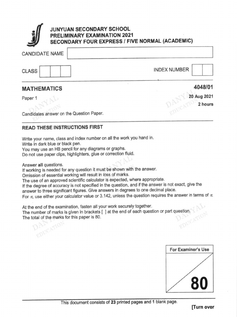 Junyuan Secondary Prelim 2021 E Math (1) 1 44 | Download Free PDF ...
