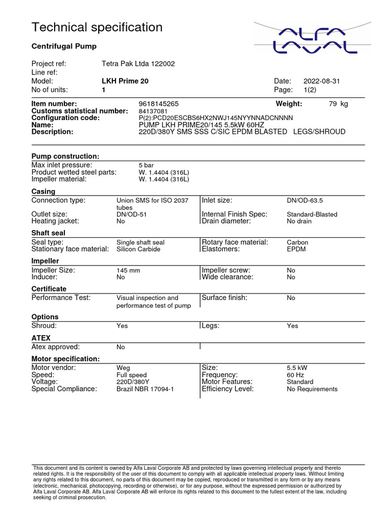 PUMP LKH PRIME20 - 145 5.5kW 60HZ Tech Spec | PDF | Pump