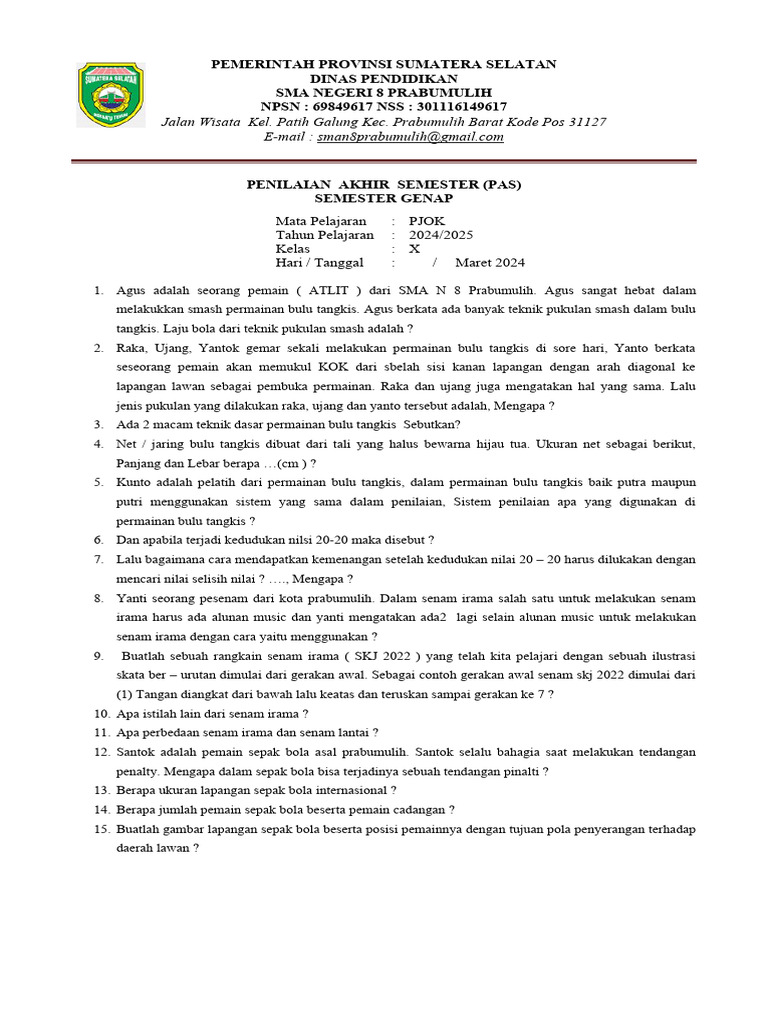 Soal Pjok Kelas X 2024 Essay | PDF