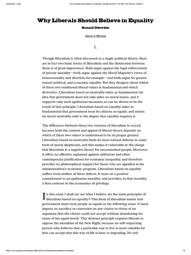 Why Liberals Should Believe in Equality - Ronald Dworkin - The New York ...