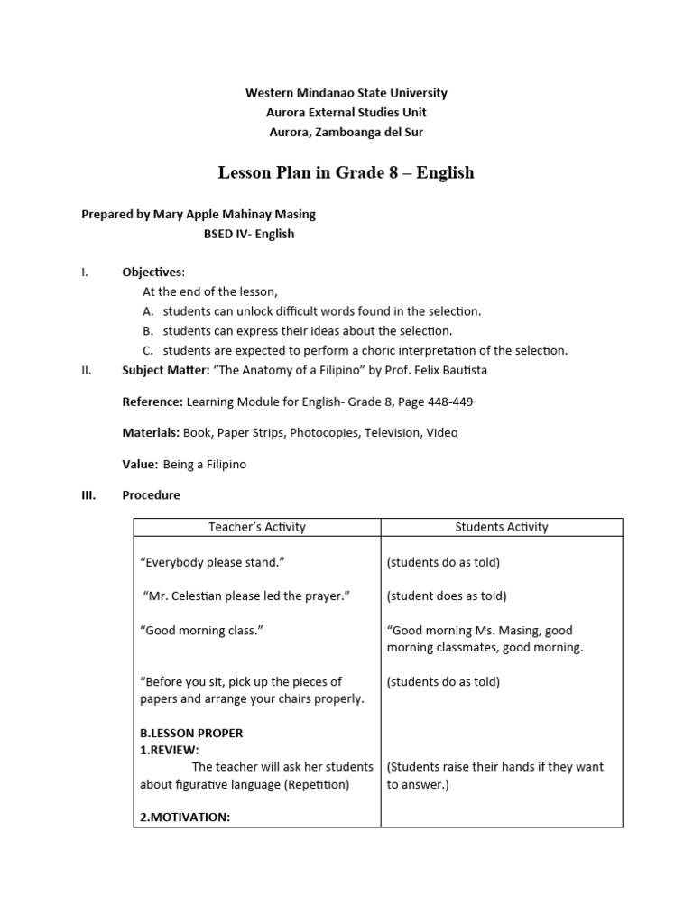 Lesson Plan: Anatomy of a Filipino | PDF | Human Communication