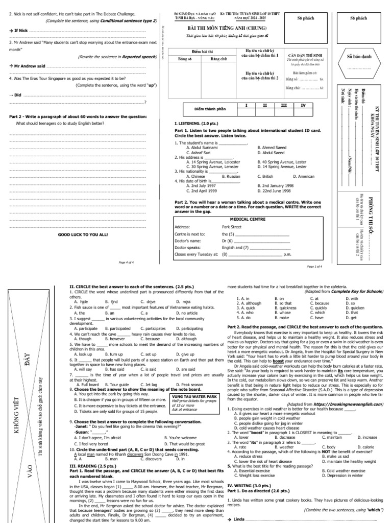 DE THI THU LOP 10 MON TIENG ANH A3- 2024-2025 | PDF | Physical Fitness | Determinants Of Health