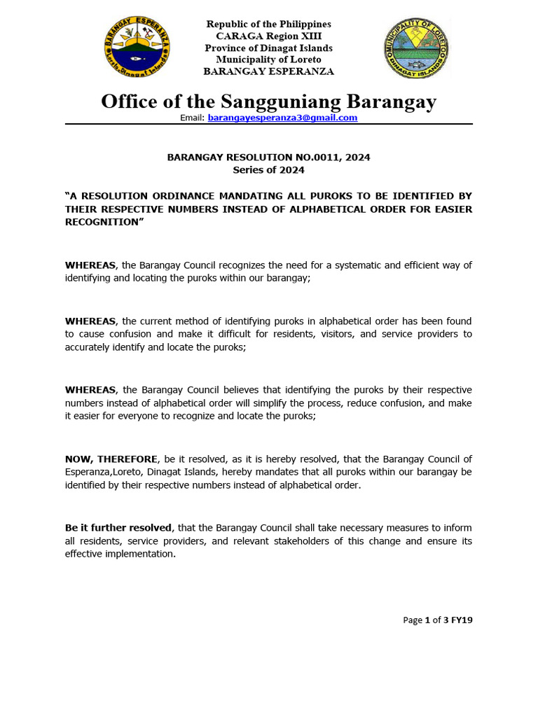 Barangay Resolution No.0011, 2024 Fy19 | PDF