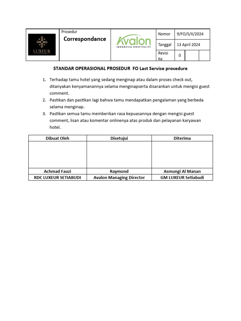 Sop Fo Last Service Procedure | PDF