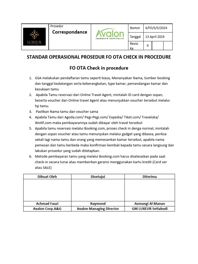 Sop Checkin by Ota New | PDF