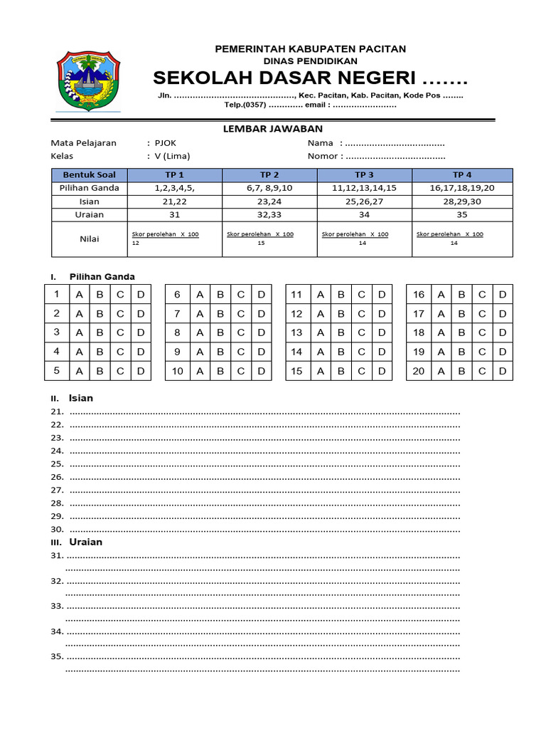 Lembar Jawaban SAS PJOK Kelas 5 | PDF