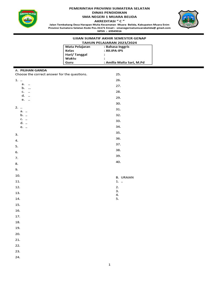 NASKAH SOAL UJIAN PRAKTIK (1 Kolom), USAS DAN USAJ (2 Kolom) 2032-24 | PDF