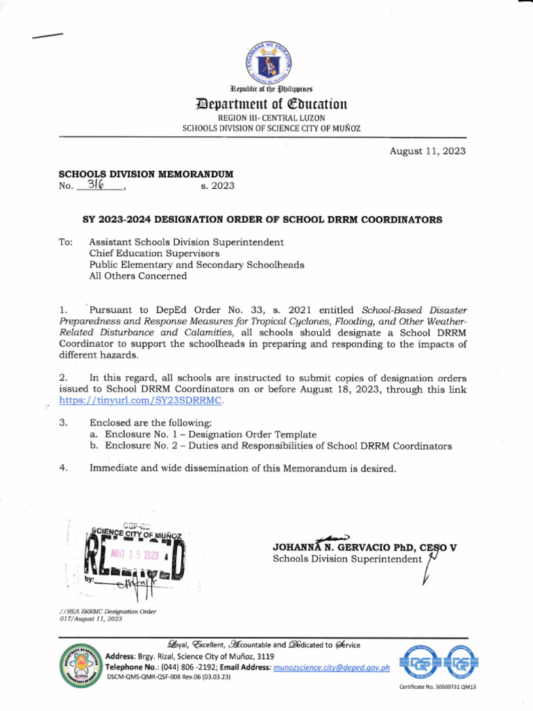 SDM No. 316 S. 2023 SY 2023 2024 DESIGNATION ORDER OF SCHOOL DRRM COORDINATORS | PDF | Emergency ...