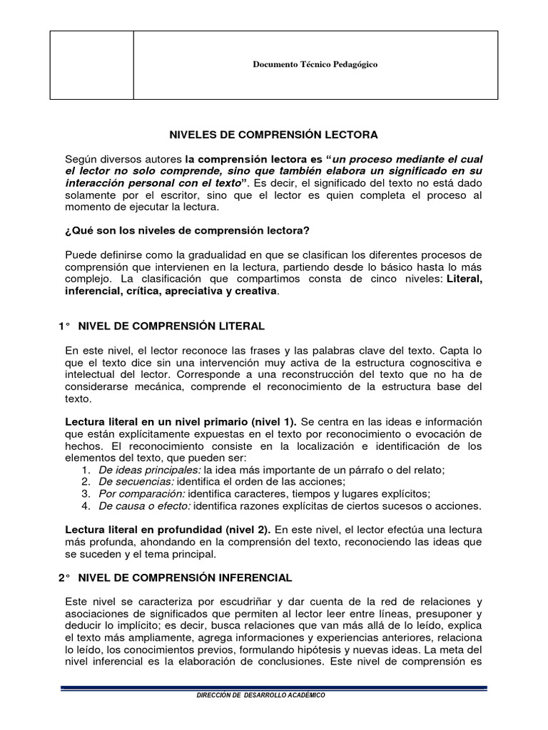 Niveles de Comprensión Lectora | PDF | Comprensión lectora | Inferencia
