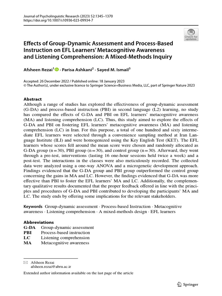 Effects of Group-Dynamic Assessment and Process-Based Instruction on EFL Learners Metacognitive ...