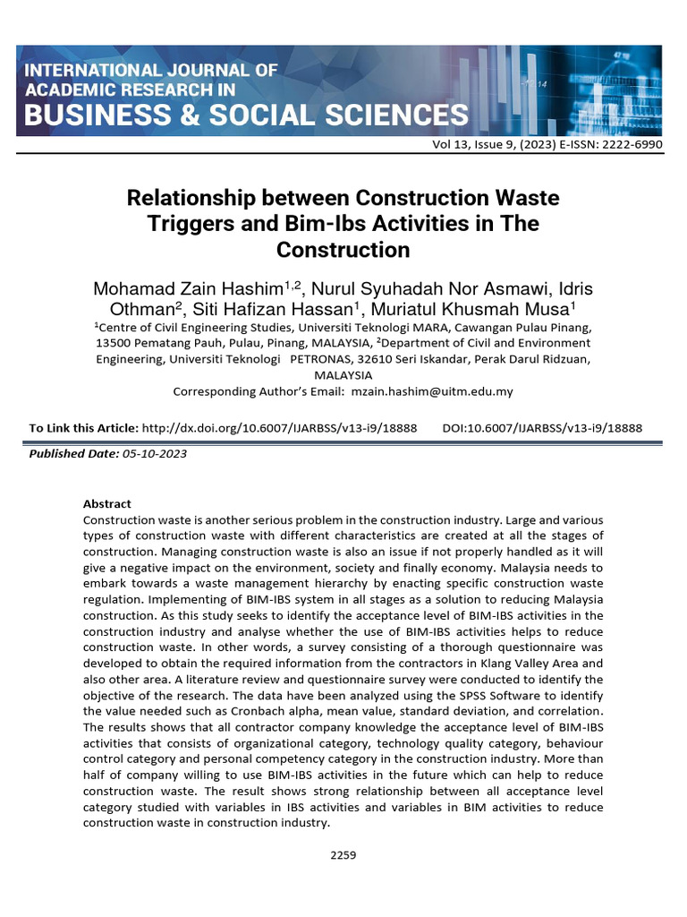 Relationship Between Construction Waste Triggers and Bim Ibs Activities in The Construction ...