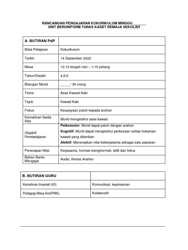 Rancangan Pengajaran Kokurikulum | PDF