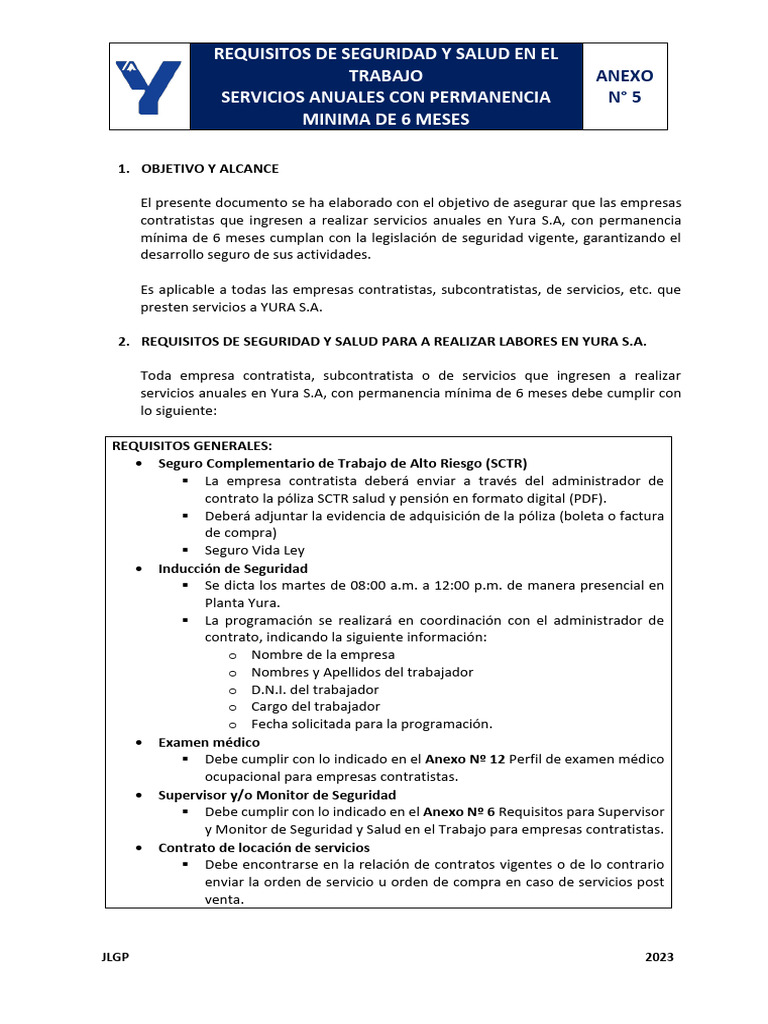 Anexo #5 - Requisitos de SST para Servicios Anuales Con Permanencia Minima de 6 Meses | PDF ...