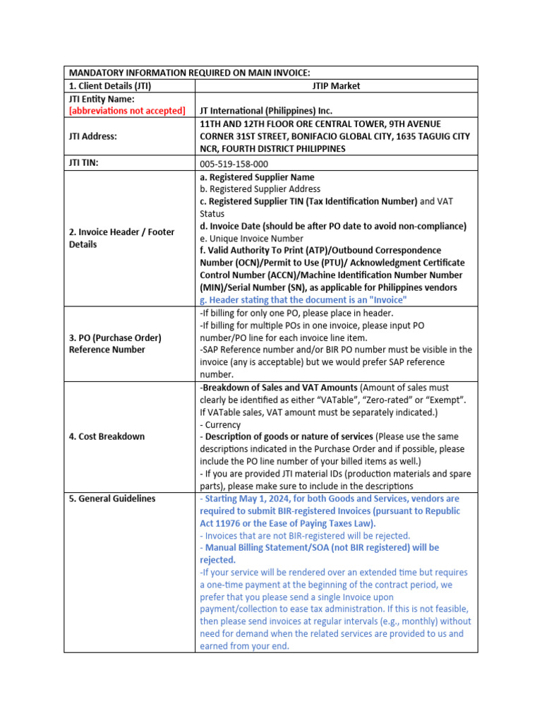 JTIP Invoicing Guidelines - V 29apr2024 | PDF | Invoice | Receipt