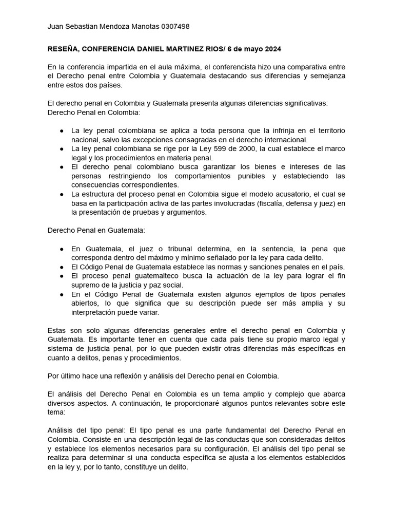 Reseña, Conferencia Doctor Daniel Martinez Rios | PDF | Derecho penal ...