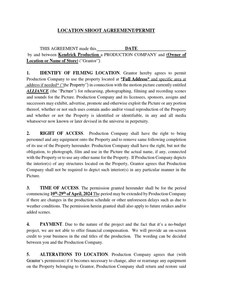 Location Shoot Agreement Template | Download Free PDF | Indemnity | Property Law