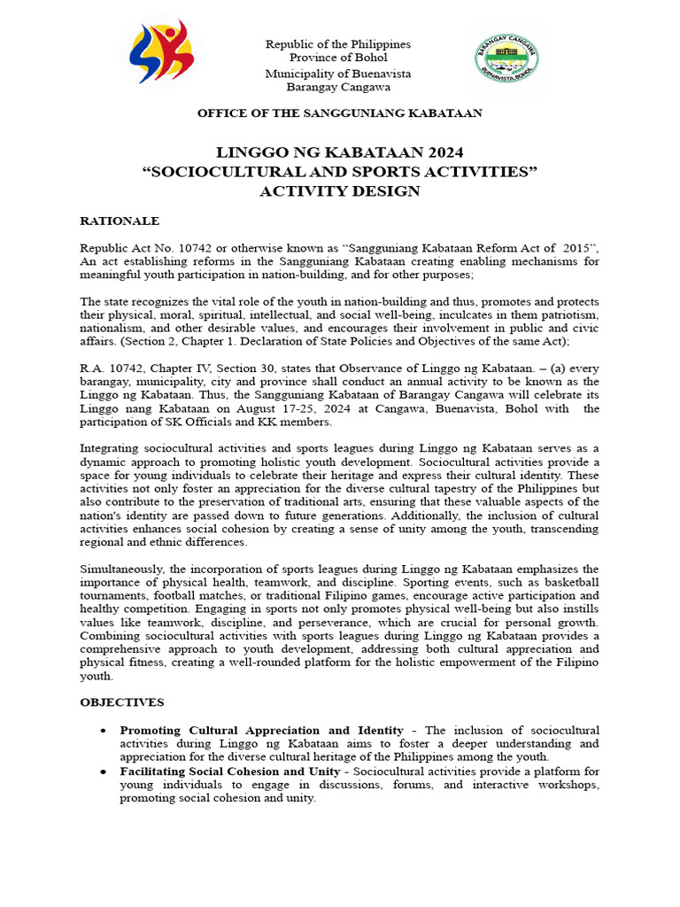 Linggo ng Kabataan 2024 Activity Design | PDF | Sports | Civic Engagement