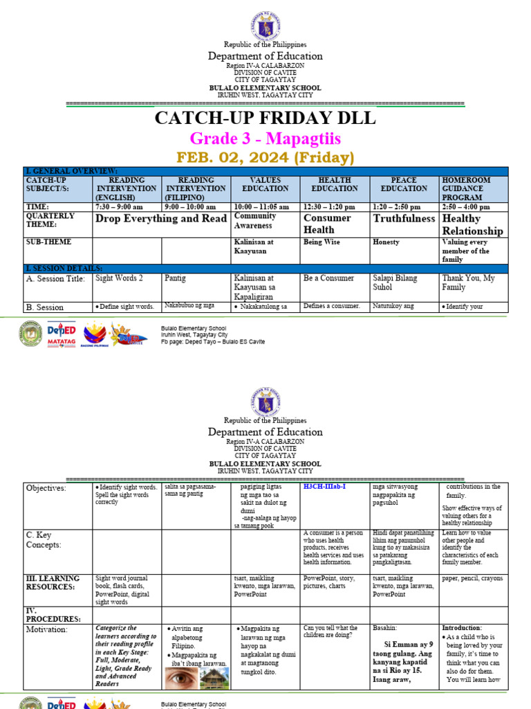 Catch-Up Friday DLL: Grade 3 - Mapagtiis | PDF