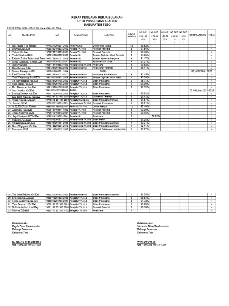 Rekap Penilaian Kerja Bulanan Uptd PKM Alai Ilir | PDF