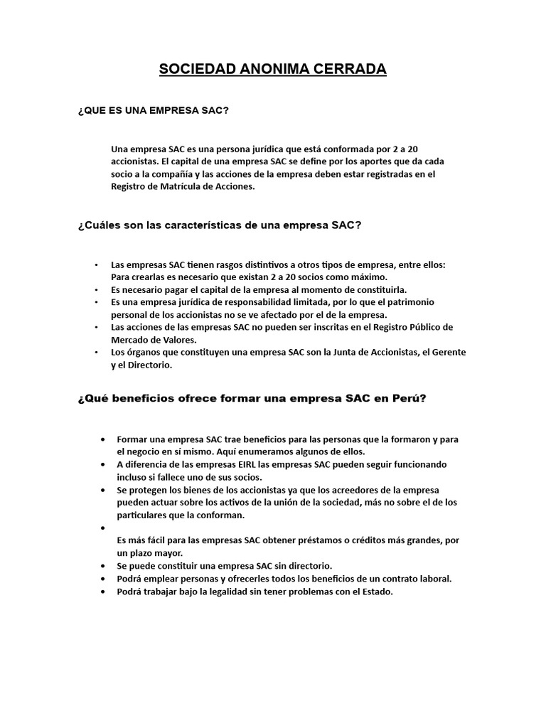 Sociedad Anonima Cerrada: ¿Cuáles Son Las Características de Una ...