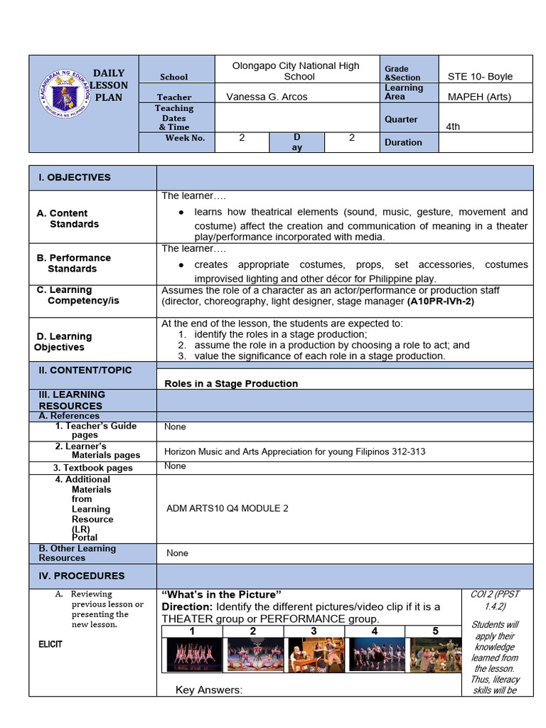 Finalq4 COT LP ARTS10 Roles in A Stage Production | Download Free PDF | Learning | Teachers