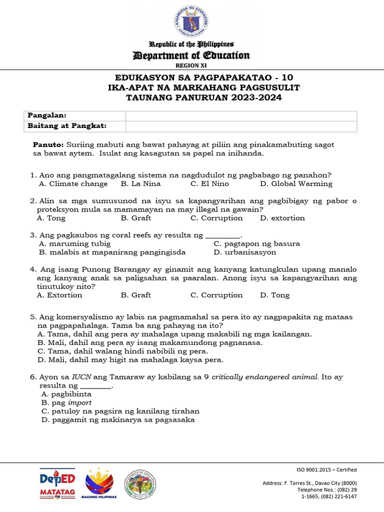 EsP 10 4thquarter 2023-2024 TQ AK TOS | PDF