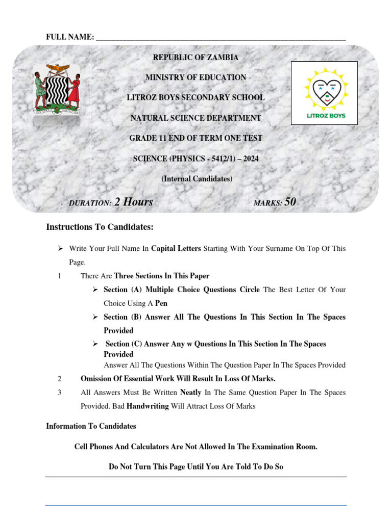 Science (Physics) Grade 11 End of Term One Test | PDF | Weight | Mass