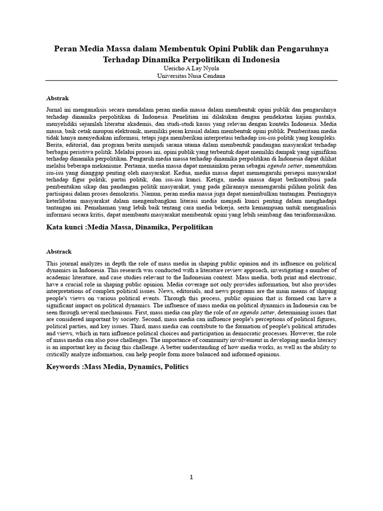 Peran Media Massa Dalam Membentuk Opini Publik Dan Pengaruhnya Terhadap Dinamika Perpolitikan Di ...