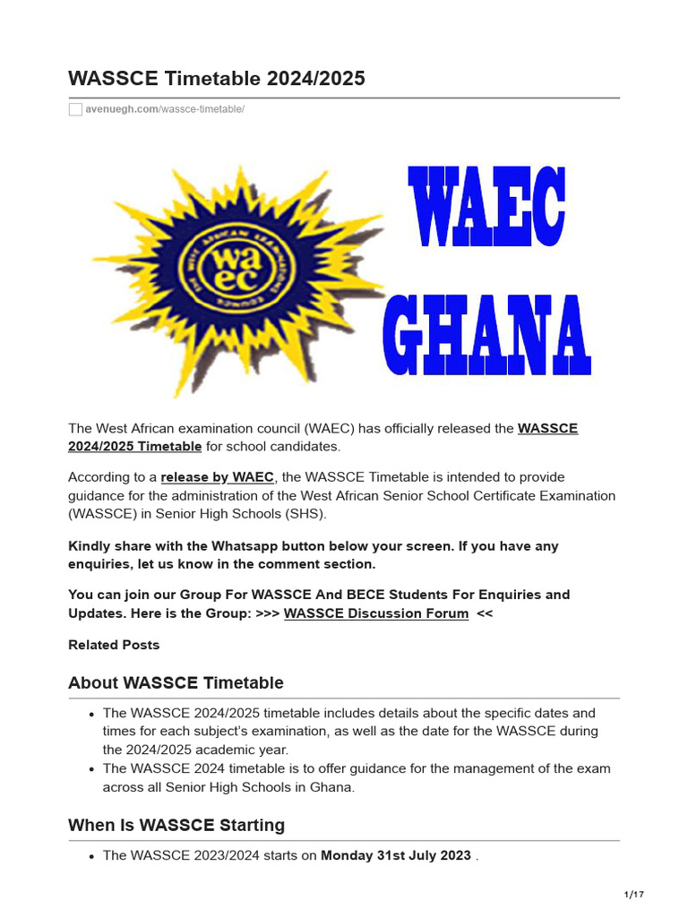 WASSCE Timetable 2024 | PDF | Qualifications | Student Assessment And ...