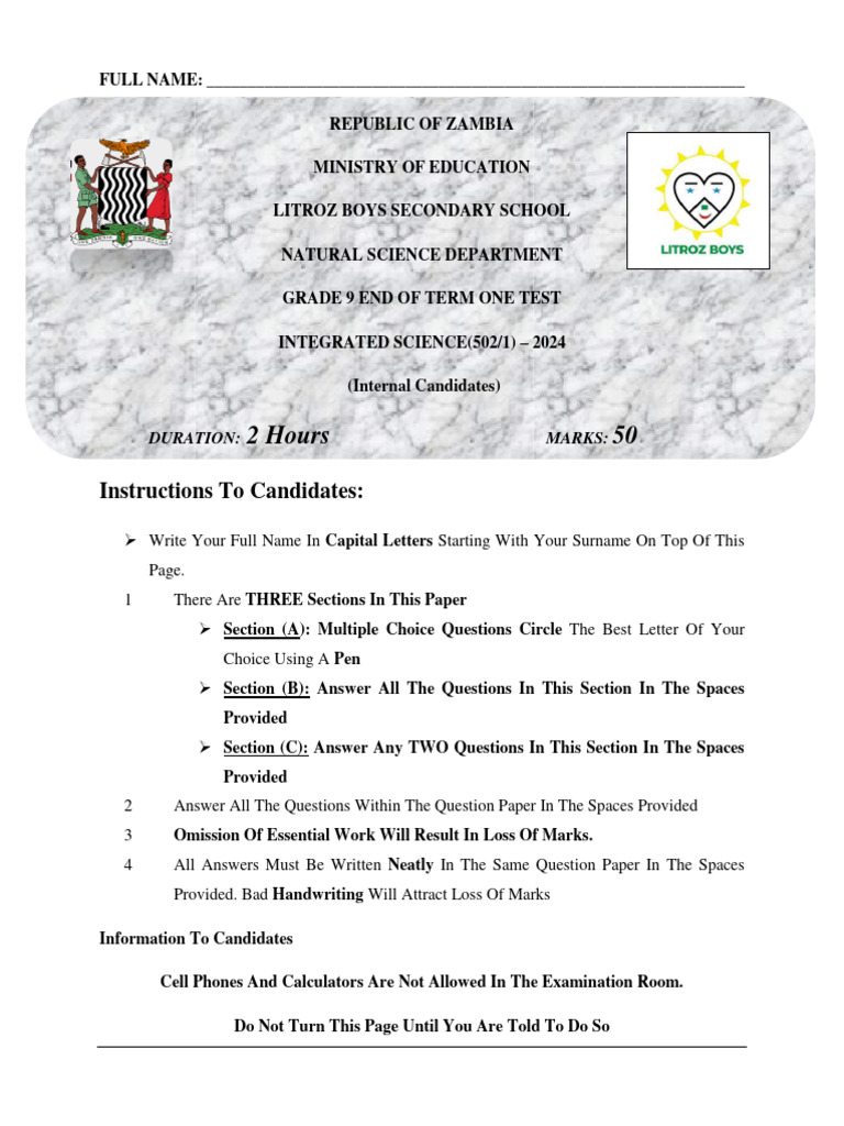 Integrated Science Grade 9 End of Term One Test | PDF | Resistor ...