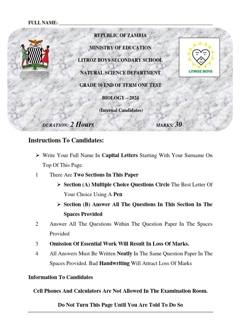 Grade 10 Biology Term 1 Test 2024 | PDF | Cell (Biology) | Biology