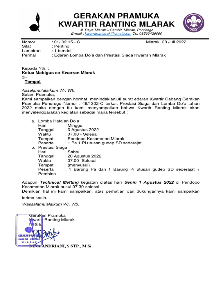 01 SURAT EDARAN KWARTIR RANTING Prestasi Siaga | PDF