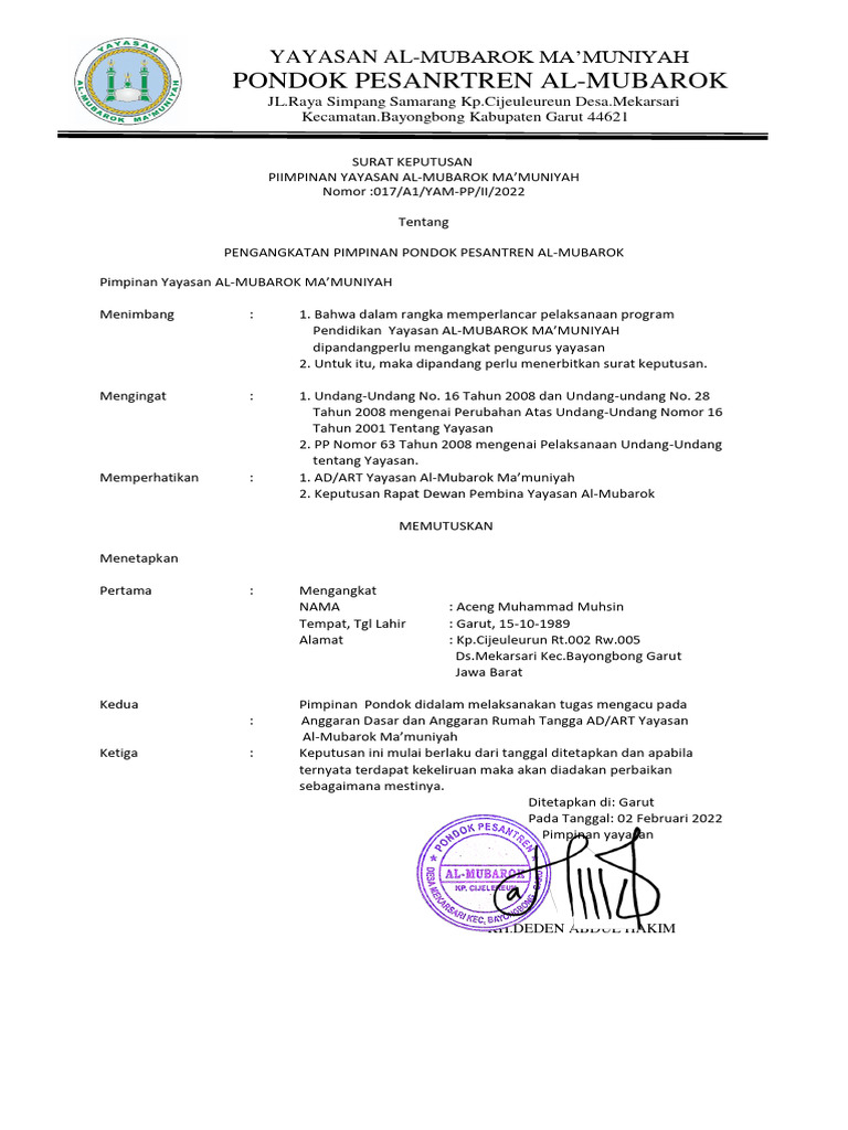 Pengangkatan Pimpinan Pesantren Al-Mubarok | PDF