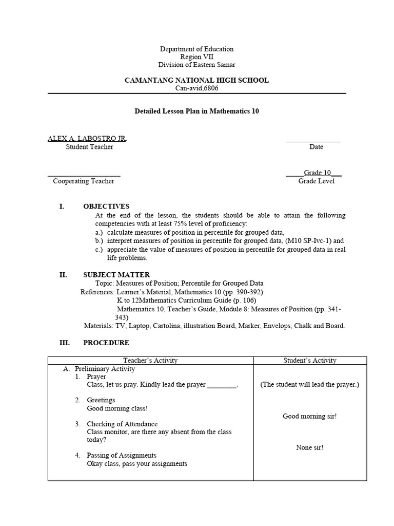 Lesson Plan in Mathematics 10 (Measure of Position in Percentile for Grouped Data | PDF | Lesson ...