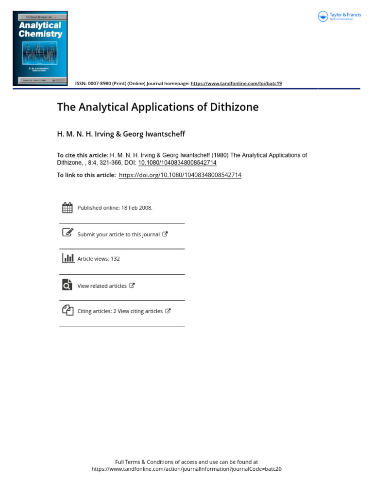 The Analytical Applicationsof Dithizone | PDF | Acid Dissociation ...