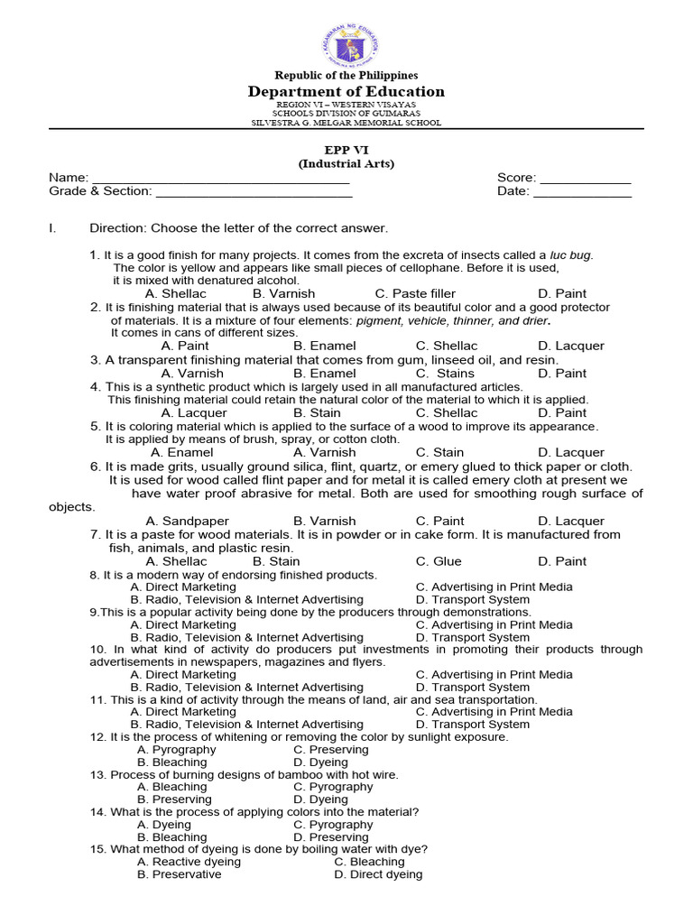 PT - Tle 6 Industrial Arts Q4 V1 | PDF | Paint | Drawing