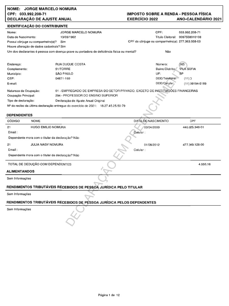 Declaração de Irpf 2022 (Marcelo) | PDF