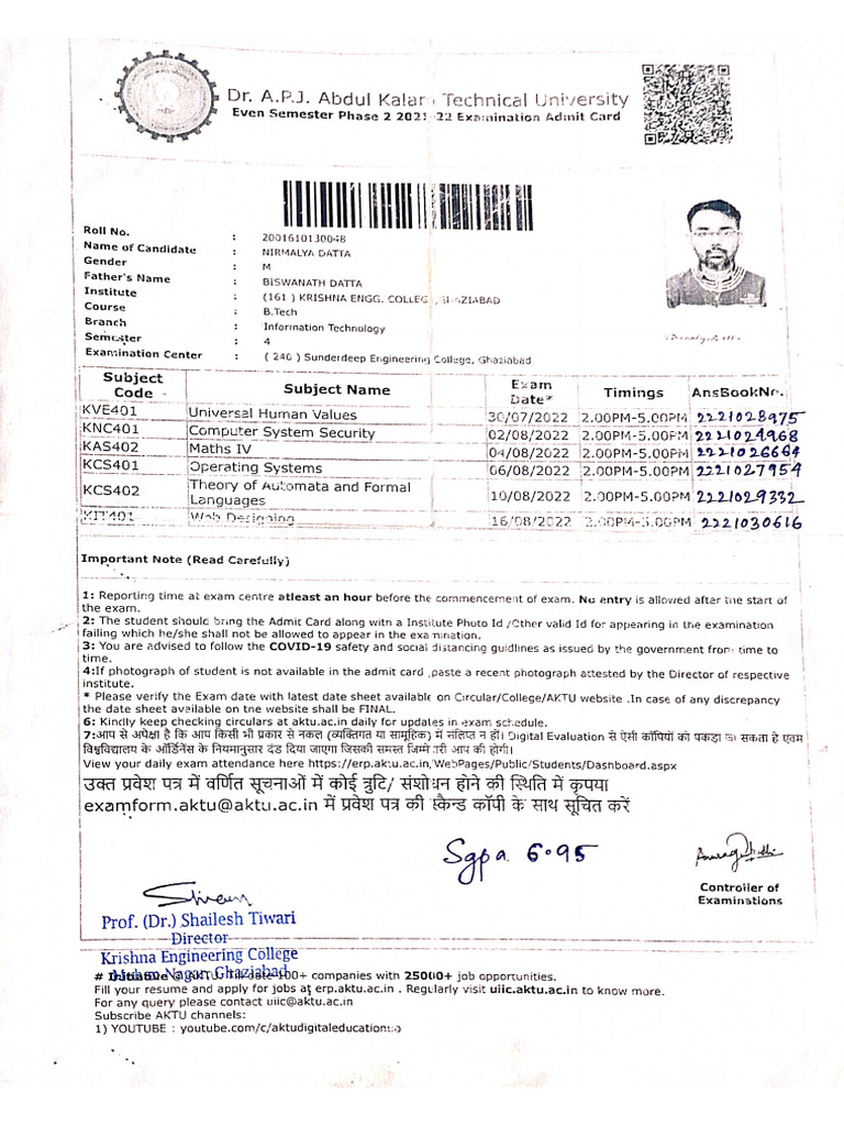 Admit Card Sem Iv | PDF