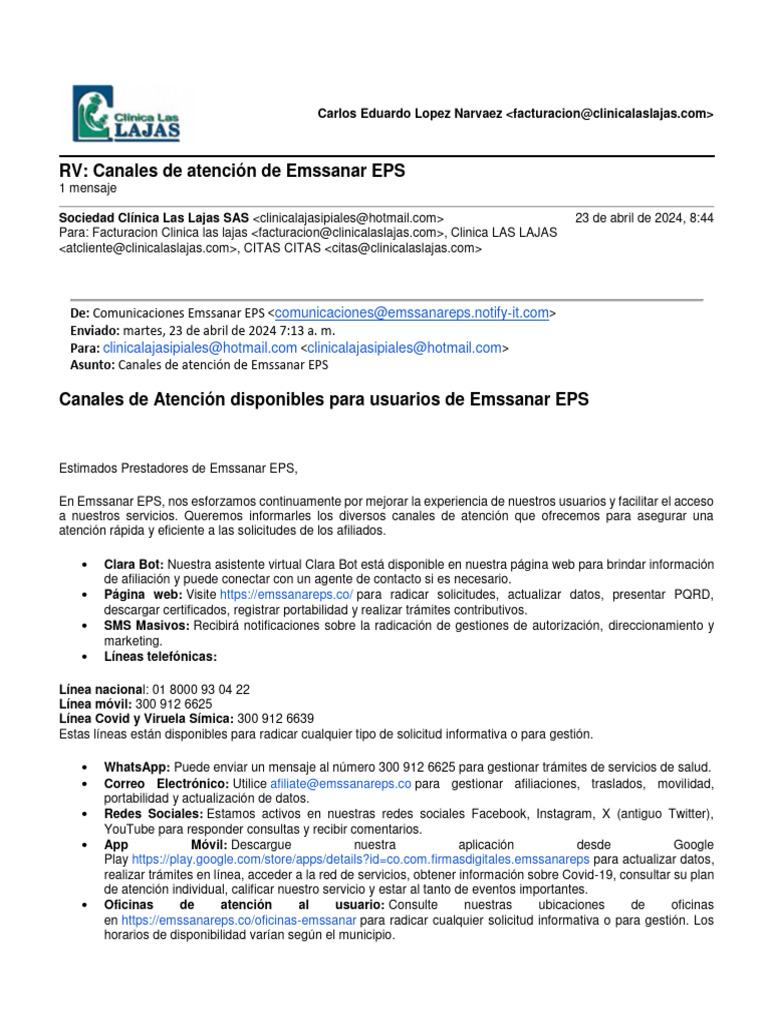 Canales de Atención de Emssanar EPS | PDF | Tecnologías de la ...