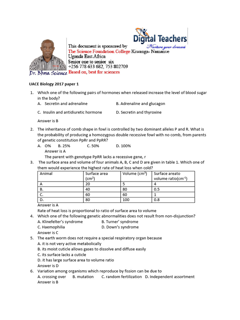 UACE BIOLOGY PAPER 1 2017 UNEB Marking Guide | PDF | Chemical Synapse ...