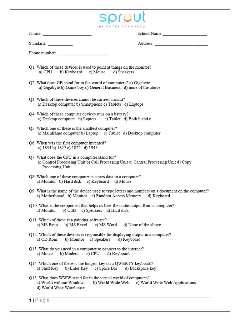 Grade 1 (MCQ) | PDF | Computer Keyboard | Laptop