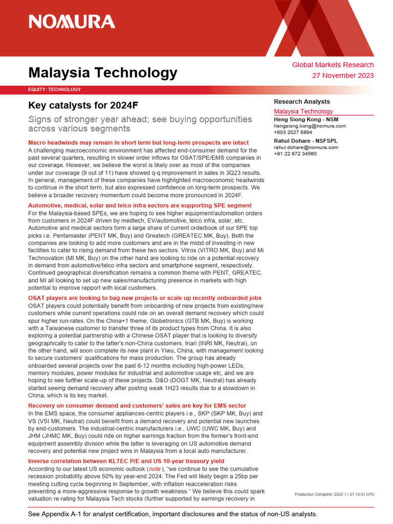Malaysia Technology Nomura 20231128 | Download Free PDF | Price–Earnings Ratio | Automotive Industry