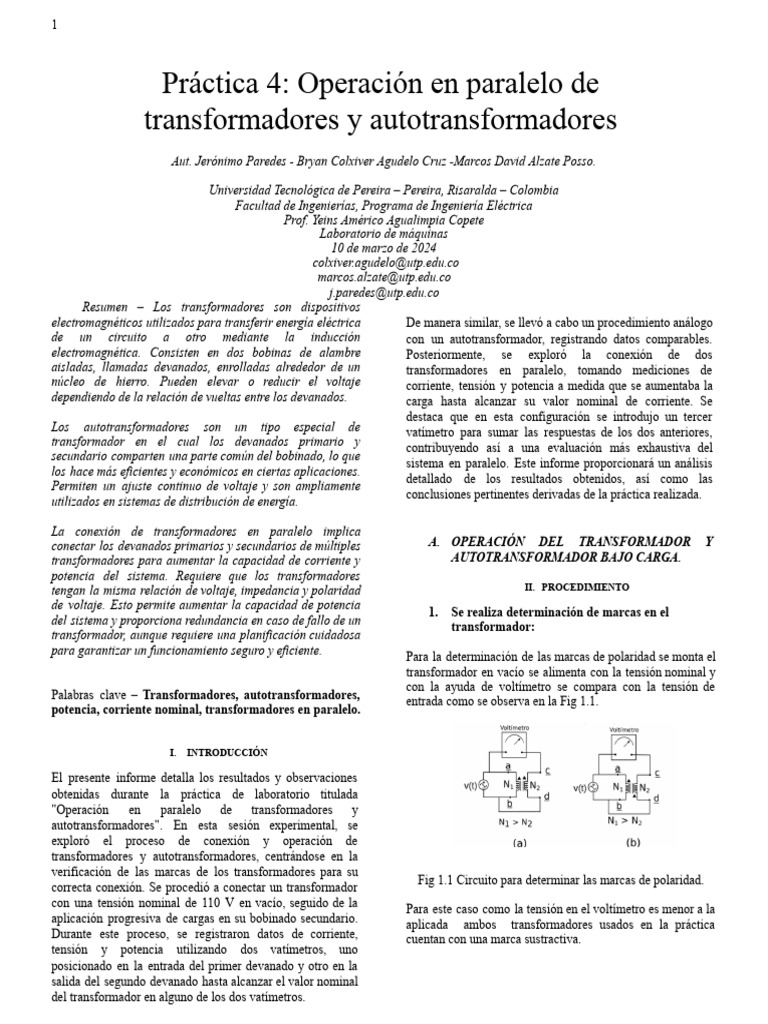 Practica 4 Operacion en Paralelo de Transformadores y Autotransformadores | PDF | Transformador ...