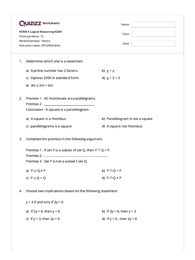 Form 4 Logical Reasoning Worksheet | PDF | Logic | Elementary Geometry