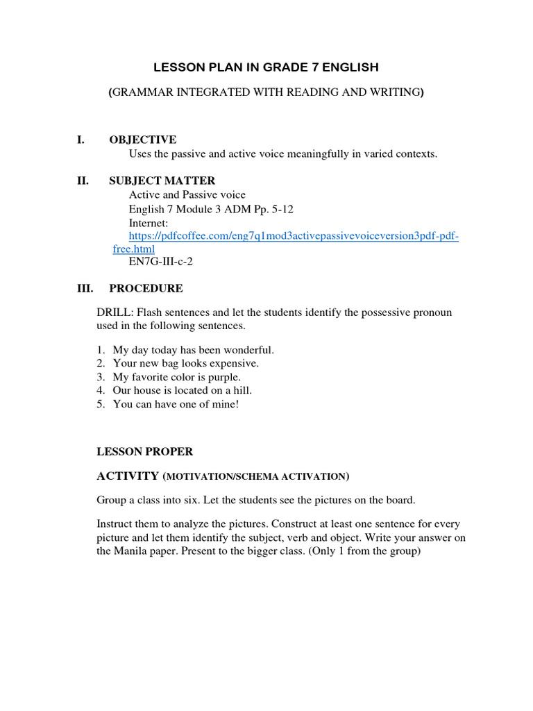 Grade 7 Lesson Plan: Active & Passive Voice | PDF | Verb | Linguistic ...